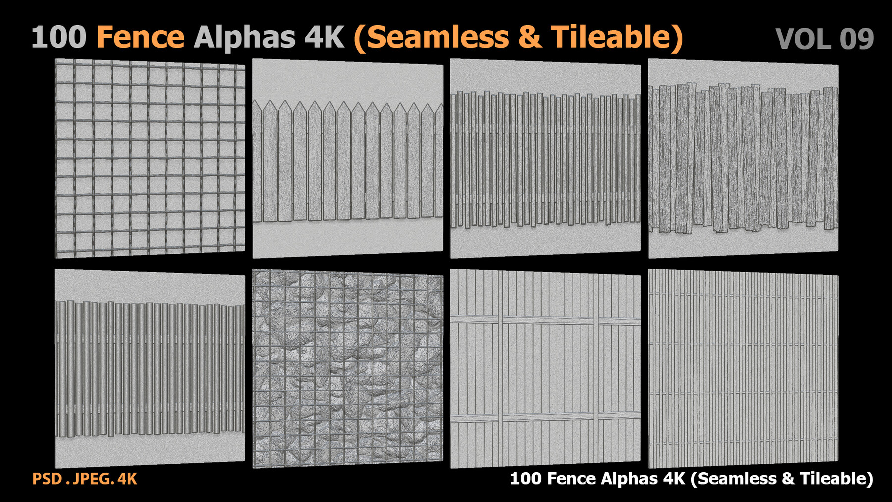 ArtStation - 100 Fence Alphas 4K (Seamless & Tileable) VOL 09 | Brushes
