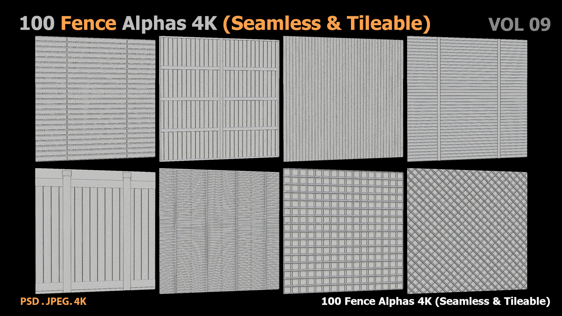 ArtStation - 100 Fence Alphas 4K (Seamless & Tileable) VOL 09 | Brushes