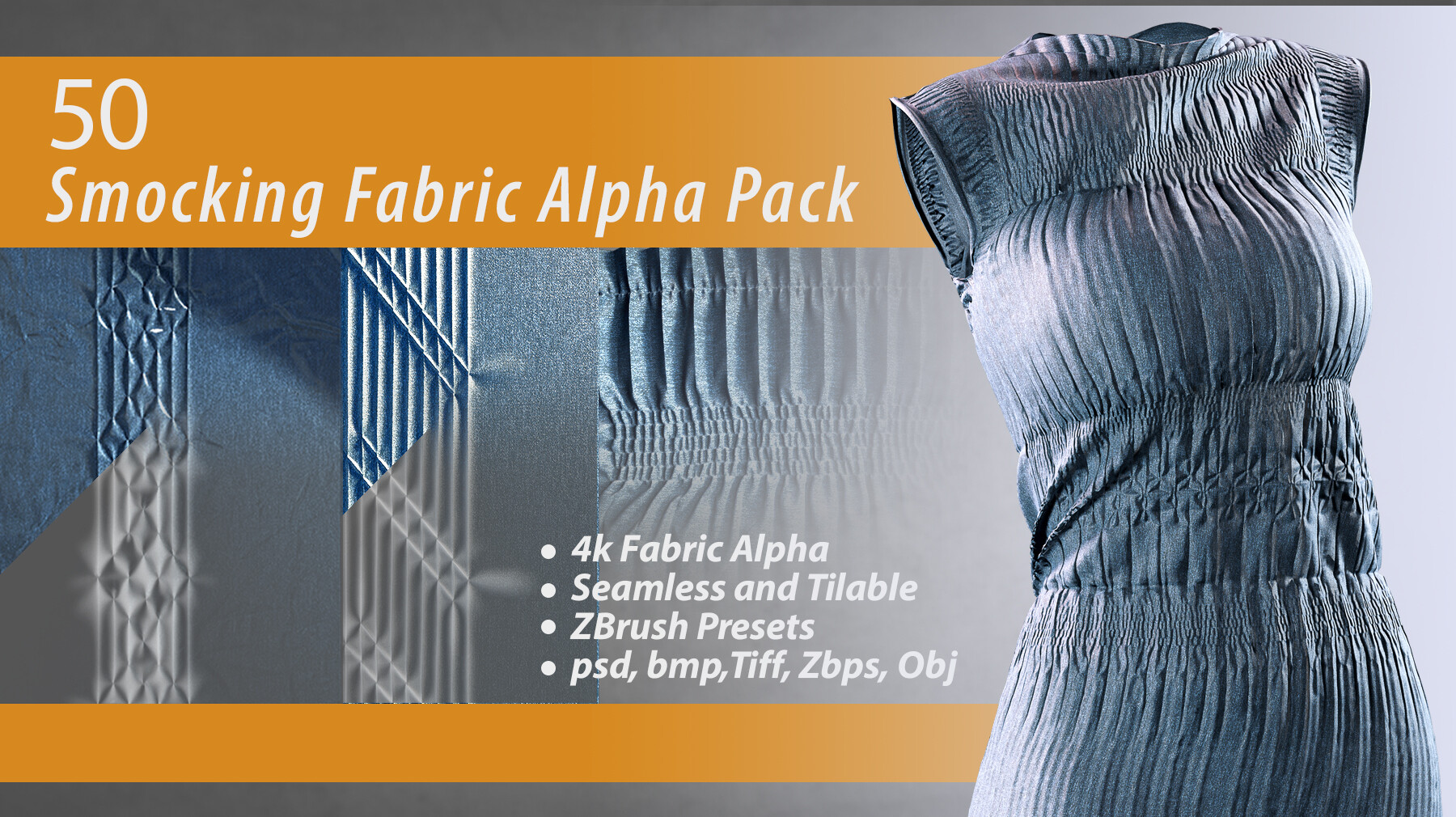 ArtStation - 50 Smocking Fabric Alpha Pack | Brushes