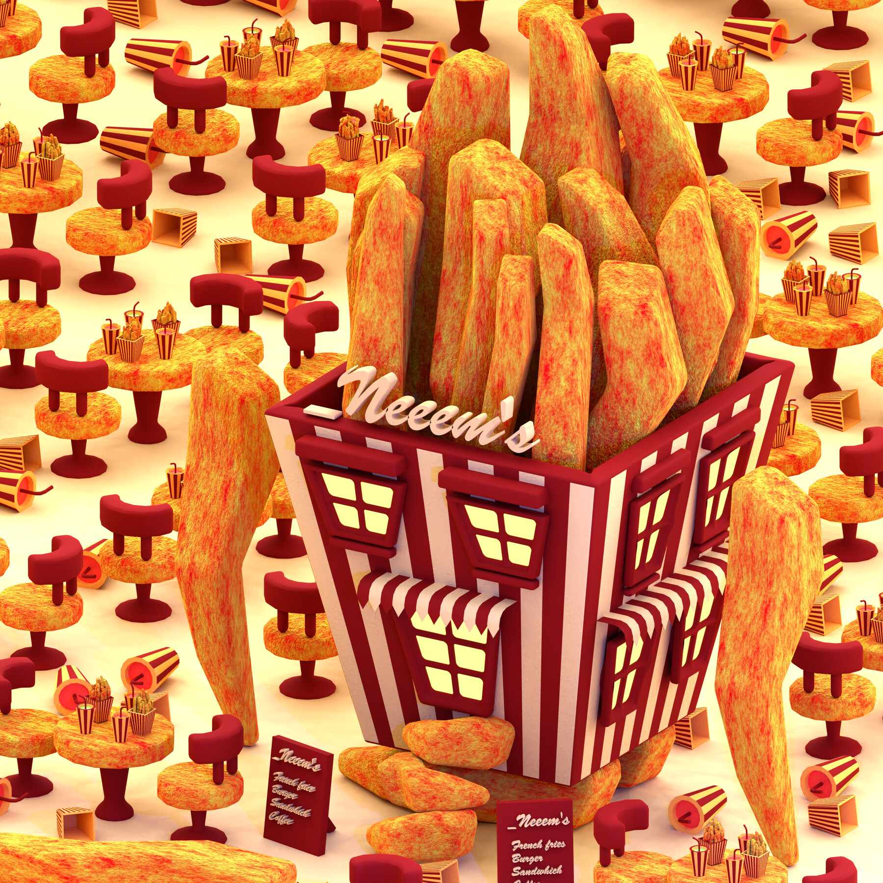 ArtStation - Cafe Series 1.3 - French Fries Themed Cafe - .blend, .fbx ...