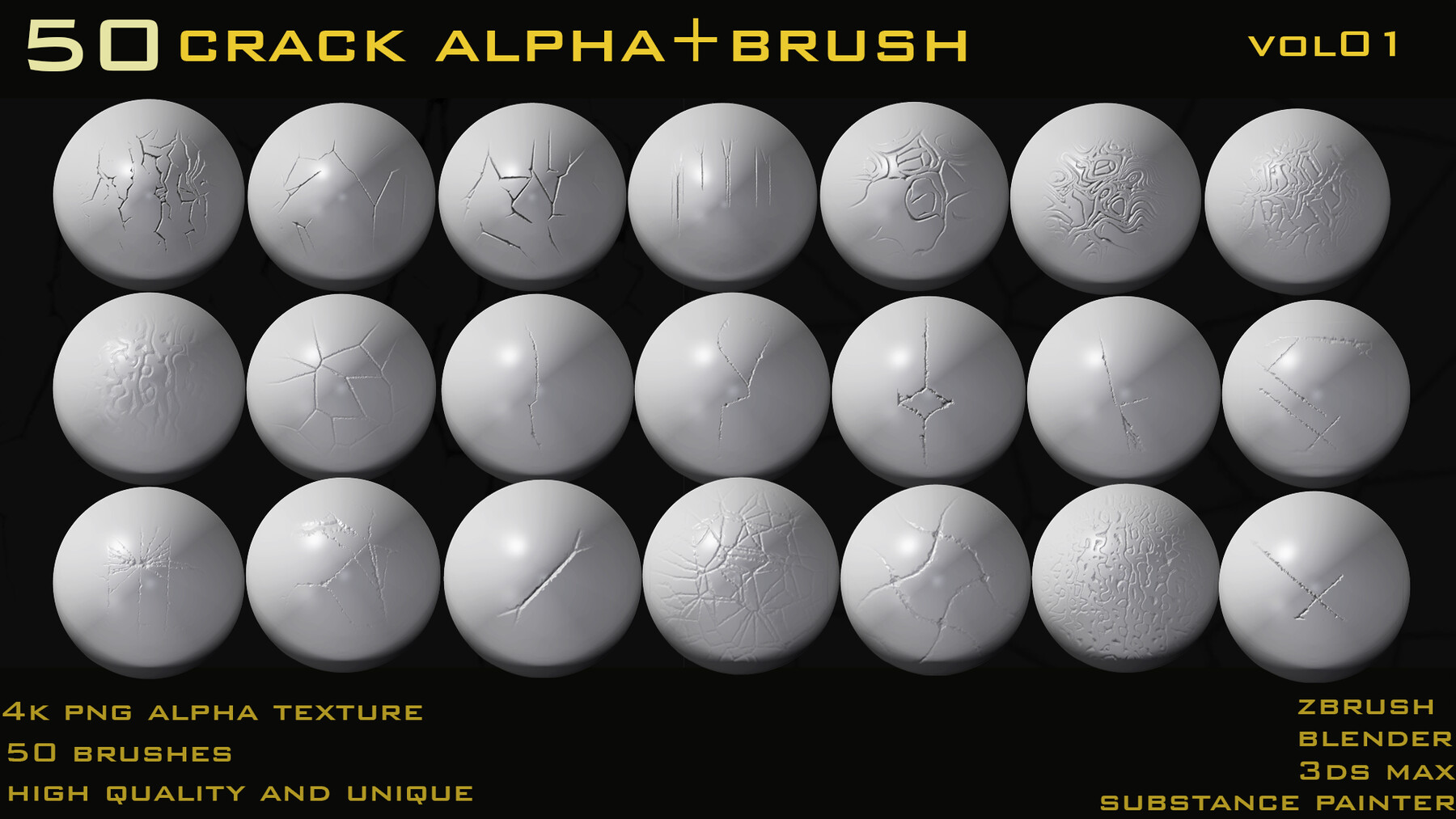 ArtStation - 50 Crack Alpha+Brushes (4k png alpha texture)Vol 01 | Brushes