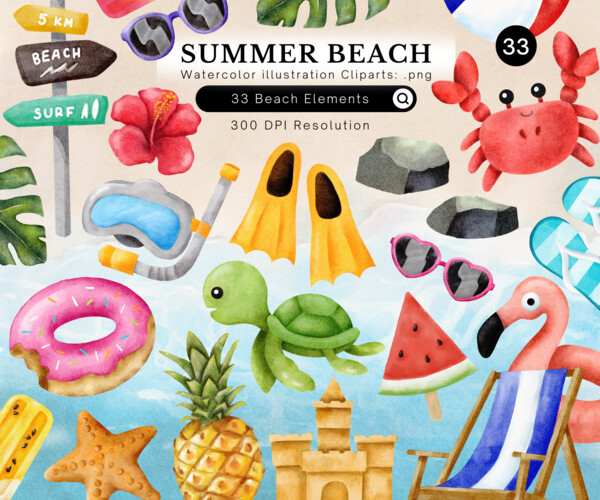 ArtStation - Summer Beach Clipart - Summer Watercolor Clipart - Summer ...
