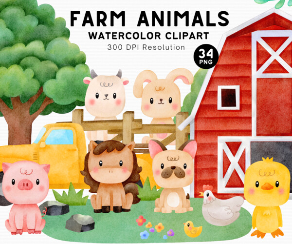 ArtStation - Cute Farm Animals Watercolor Clipart for nursery decor ...