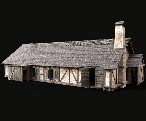 ArtStation - MEDIEVAL HOUSE ENTERABLE LONG HUT FARM COTTAGE WOODEN ...