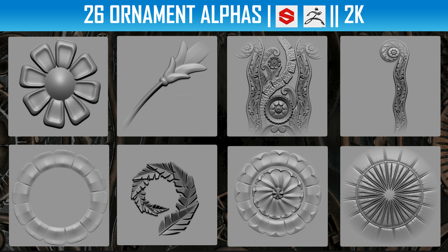 ArtStation - 26 Ornament Alphas (ZBRush, Substance, 2K) | Brushes