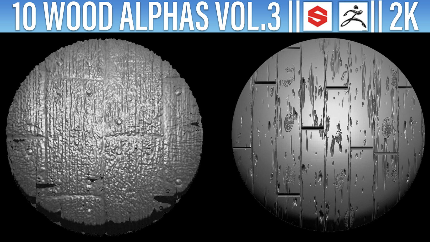 ArtStation - 10 Wood Alphas Vol.3 (ZBRush, Substance, 2K, PSD) | Brushes