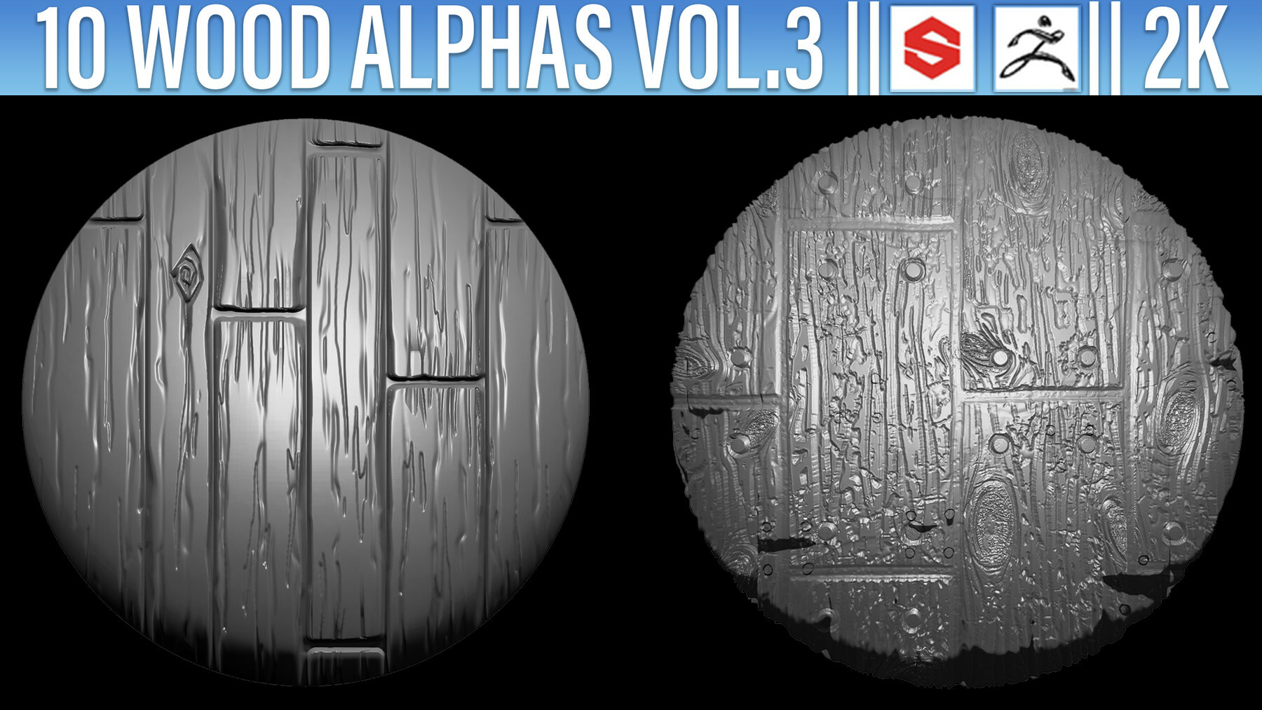 ArtStation - 10 Wood Alphas Vol.3 (ZBRush, Substance, 2K, PSD) | Brushes