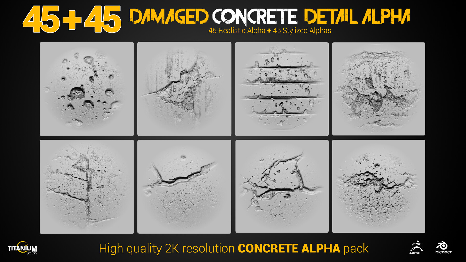 ArtStation - Damaged Concrete Detail and Crack Alpha Pack | 2K | Brushes