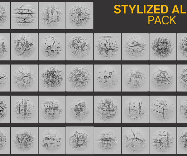 ArtStation - Damaged Concrete Detail and Crack Alpha Pack | 2K | Brushes