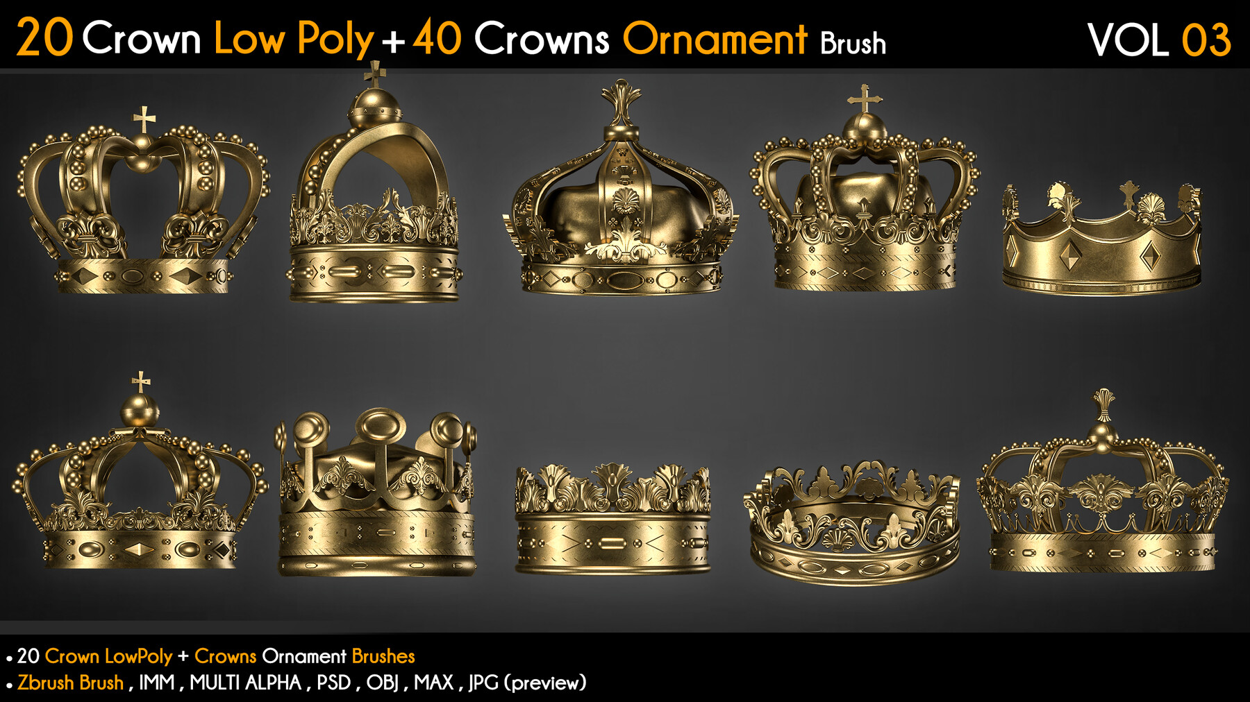 ArtStation - 20 Crown Low Poly + 40 Crowns Ornament Brush - VOL 3 | Brushes