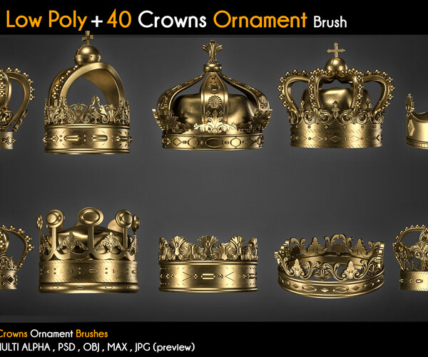 ArtStation - 20 Crown Low Poly + 40 Crowns Ornament Brush - VOL 3 | Brushes