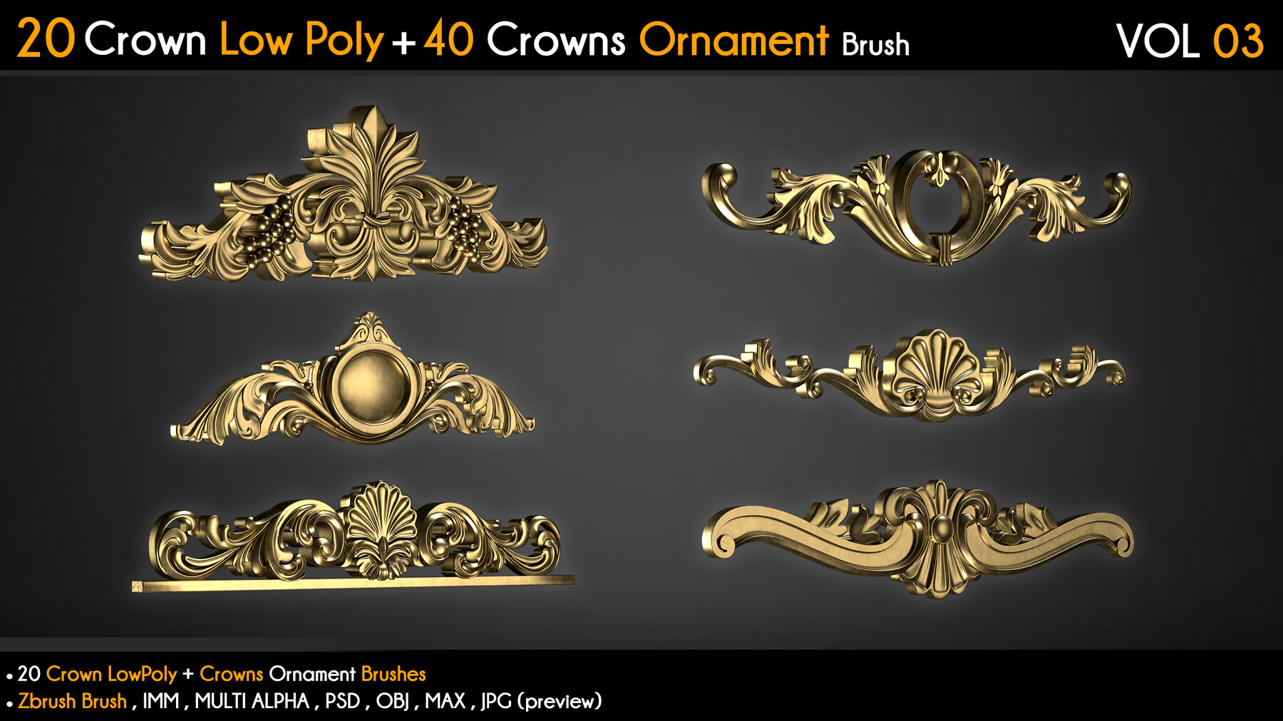 ArtStation - 20 Crown Low Poly + 40 Crowns Ornament Brush - VOL 3 | Brushes