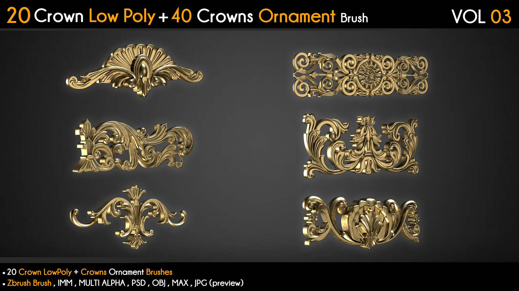 ArtStation - 20 Crown Low Poly + 40 Crowns Ornament Brush - VOL 3 | Brushes
