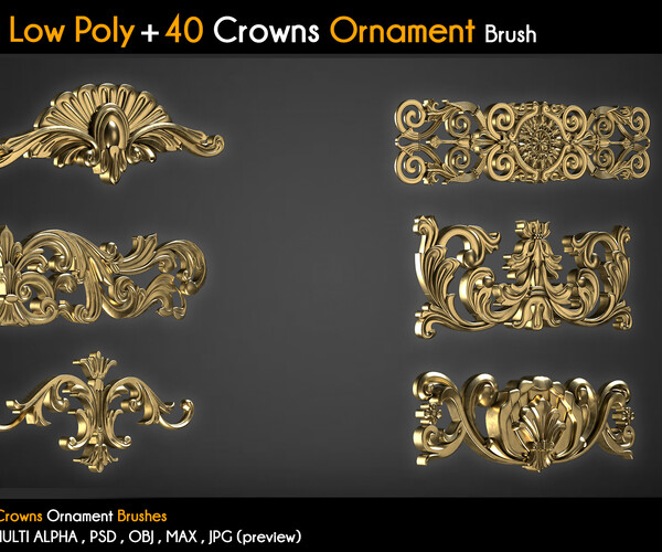 ArtStation - 20 Crown Low Poly + 40 Crowns Ornament Brush - VOL 3 | Brushes