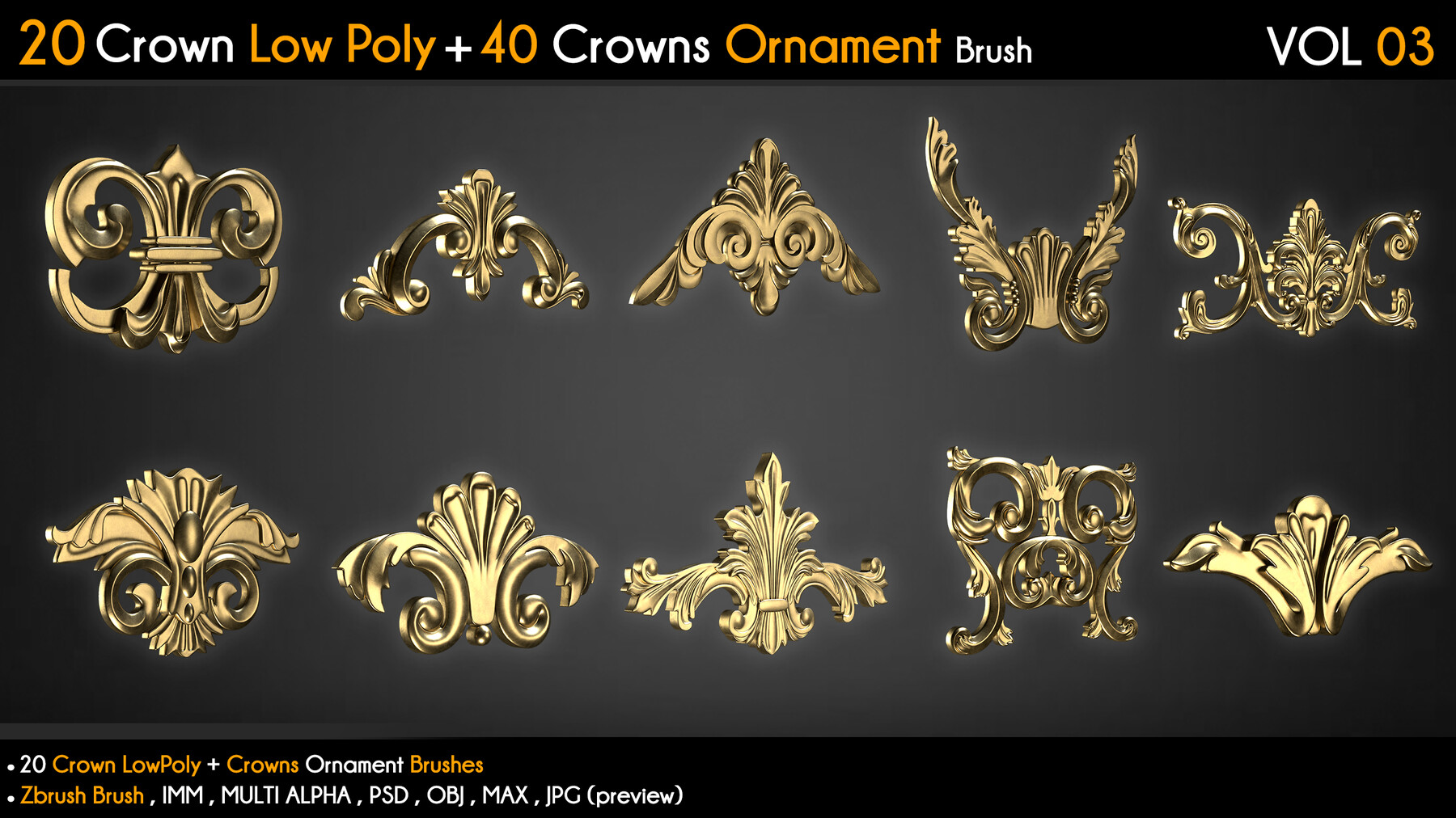 ArtStation - 20 Crown Low Poly + 40 Crowns Ornament Brush - VOL 3 | Brushes