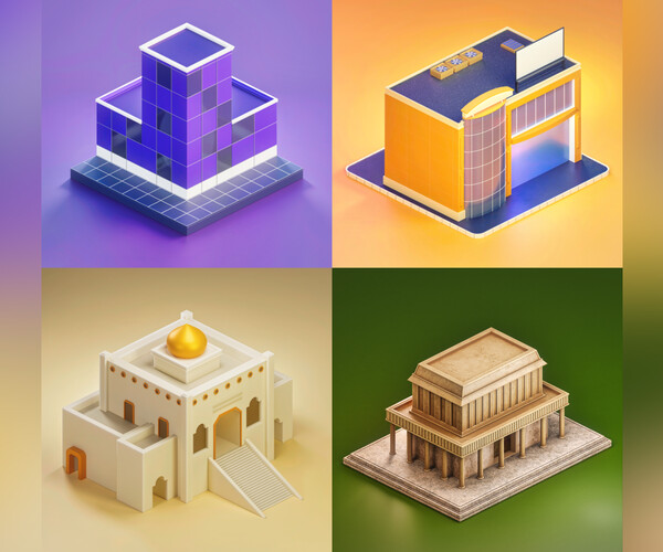 ArtStation - 4 low-poly stylized buildings - Blender format | Resources