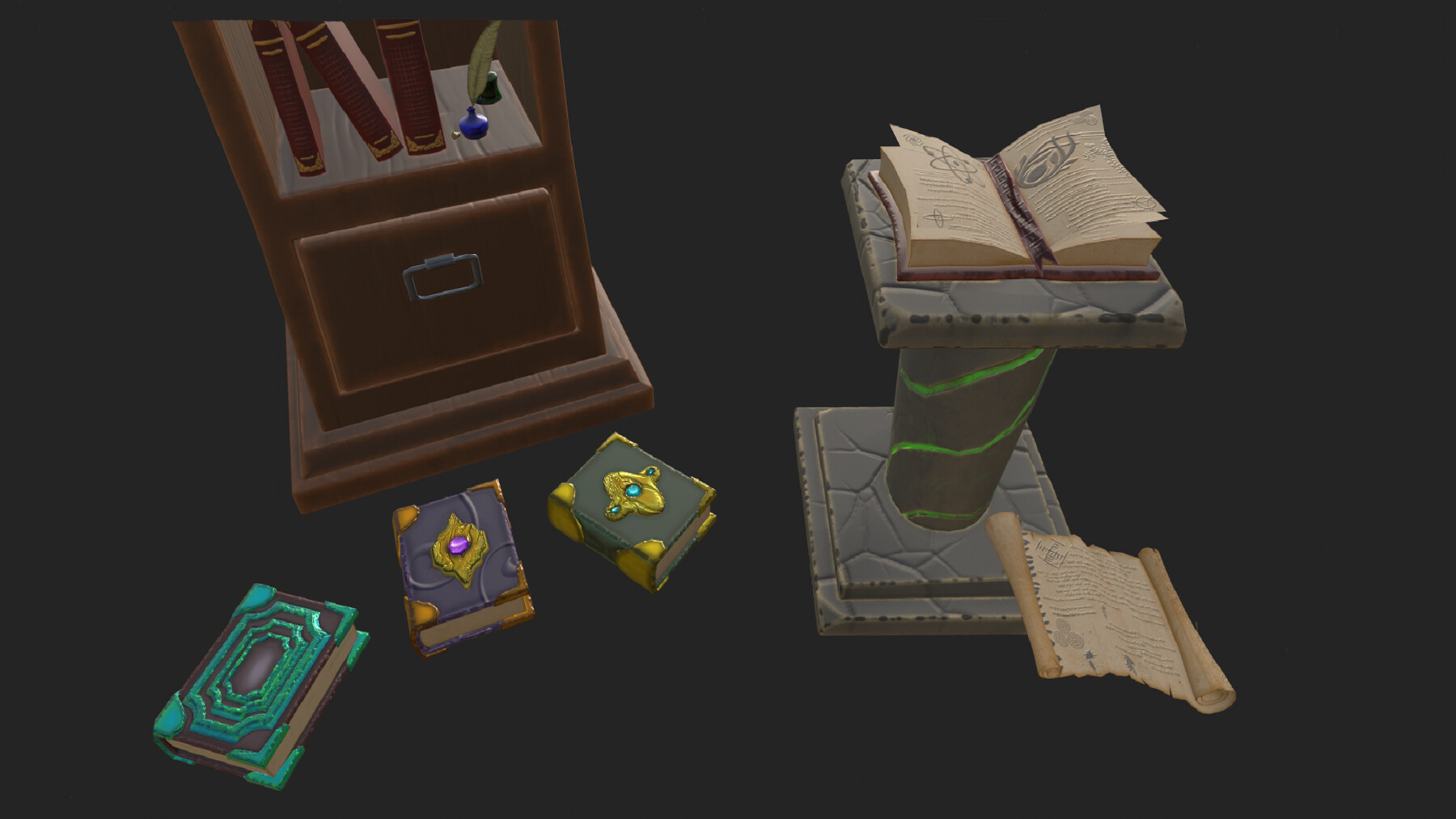 ArtStation - Stylized set stone stand bookcase books papyrus scrolls ...