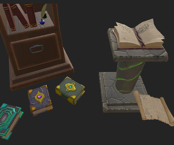 ArtStation - Stylized set stone stand bookcase books papyrus scrolls ...