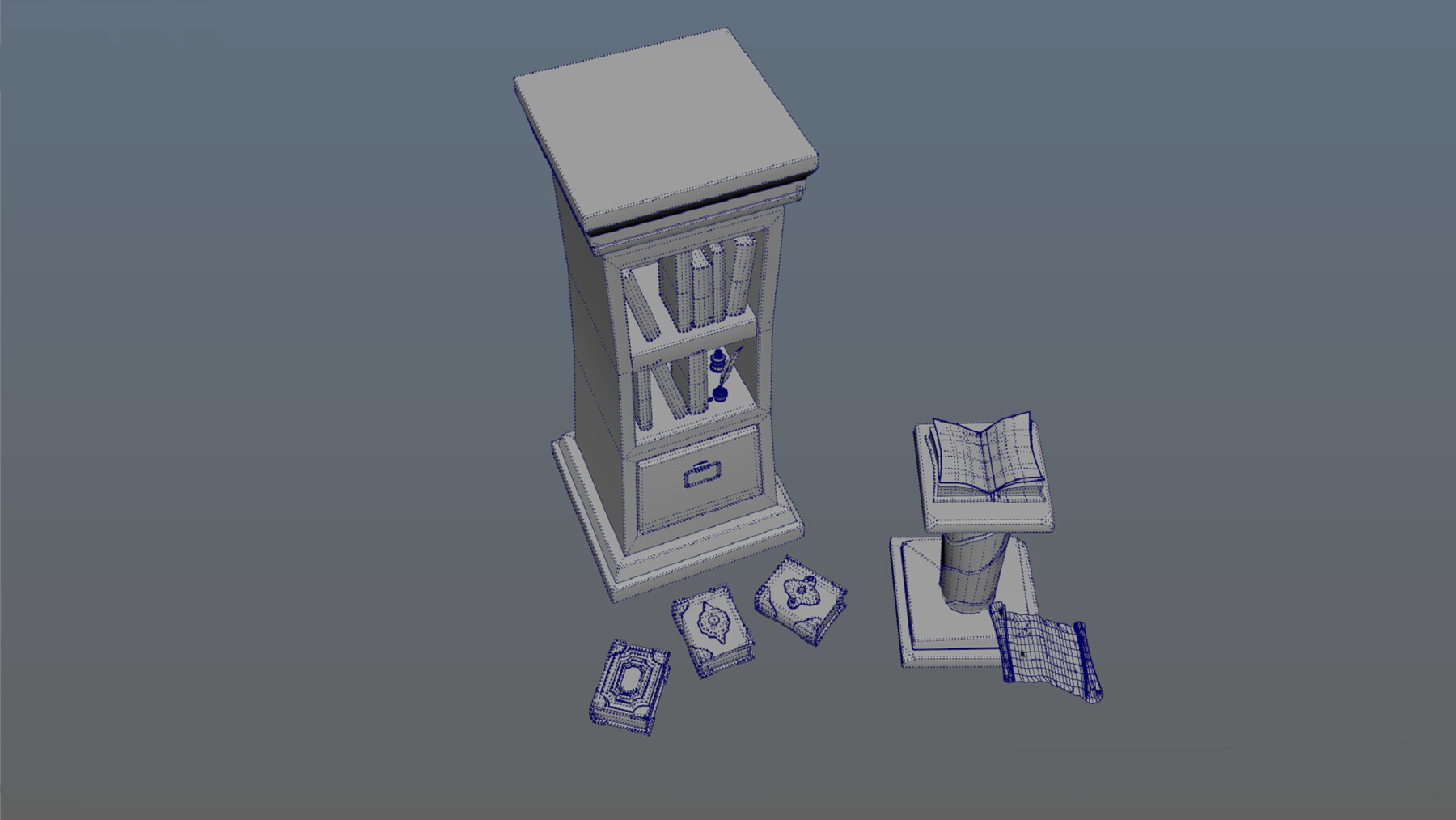 ArtStation - Stylized set stone stand bookcase books papyrus scrolls ...