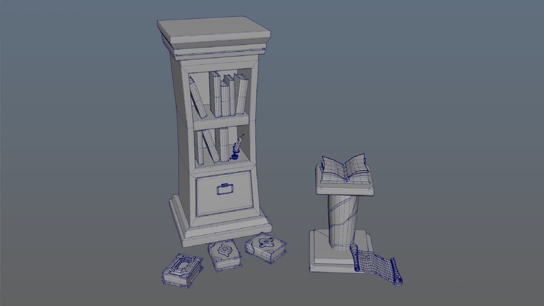 ArtStation - Stylized set stone stand bookcase books papyrus scrolls ...