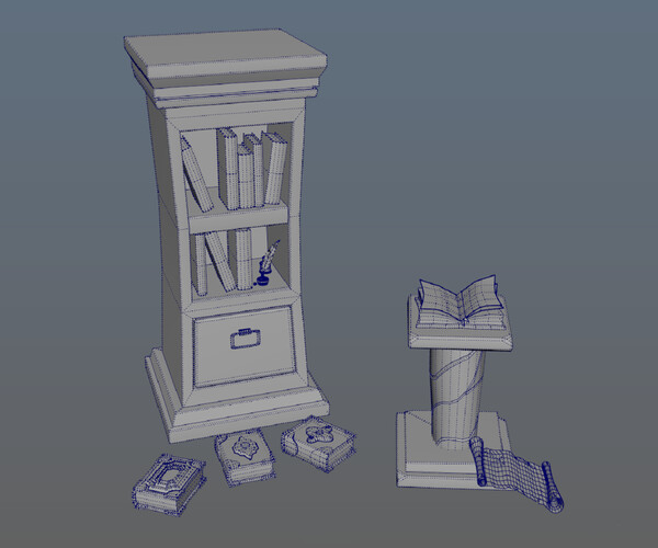 ArtStation - Stylized set stone stand bookcase books papyrus scrolls ...