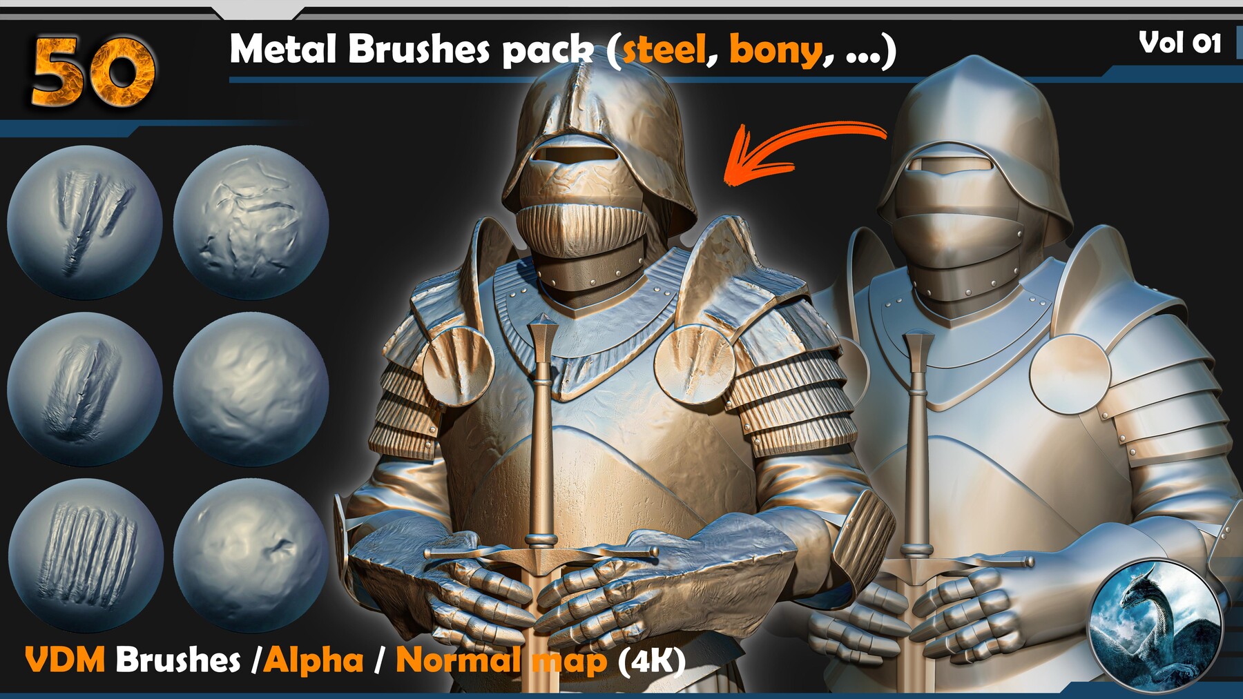 ArtStation - Metal Brushes (steel, bony, ...) Vol 01 | Brushes