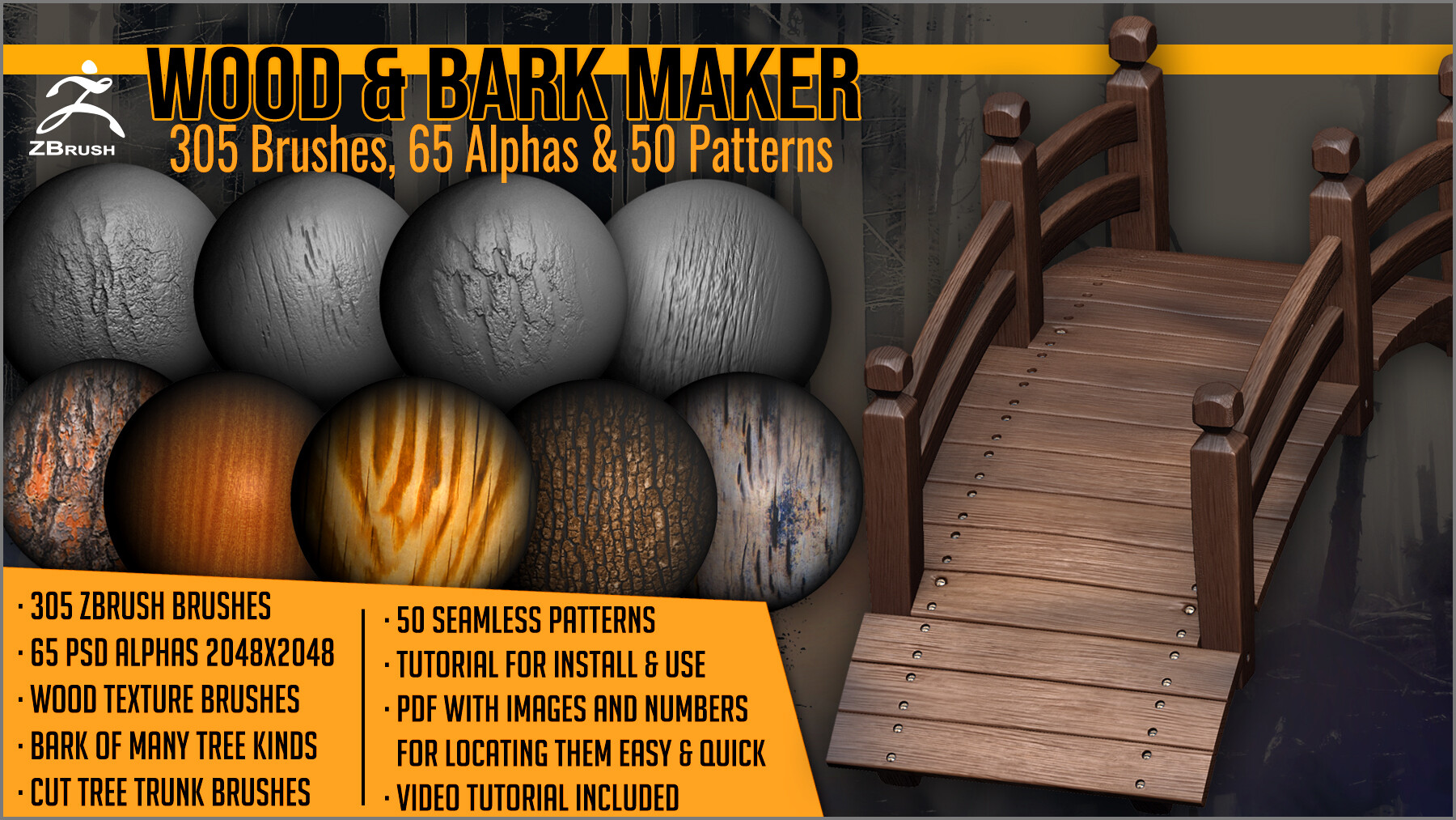 ArtStation - Wood And Bark Maker 305 ZBrush Brushes 65 Alphas And 50 ...