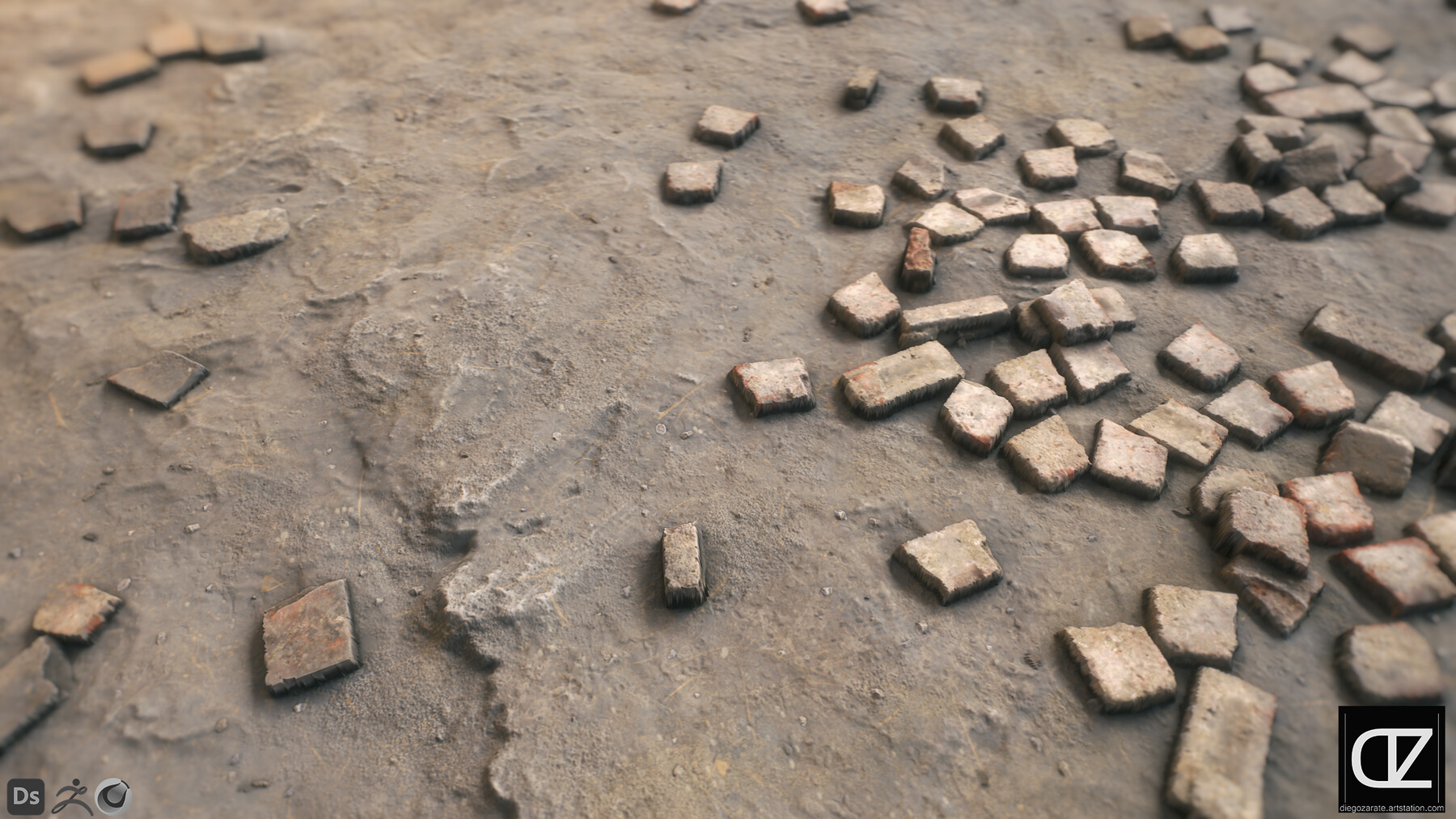 ArtStation - PBR - RUBBLE BRICK DEBRIS PILE ON DRY CONCRETE - 4K MATERIAL + SBS GRAPH | Game Assets