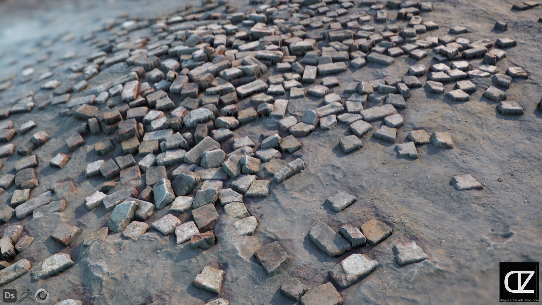 ArtStation - PBR - RUBBLE BRICK DEBRIS PILE ON DRY CONCRETE - 4K MATERIAL + SBS GRAPH | Game Assets