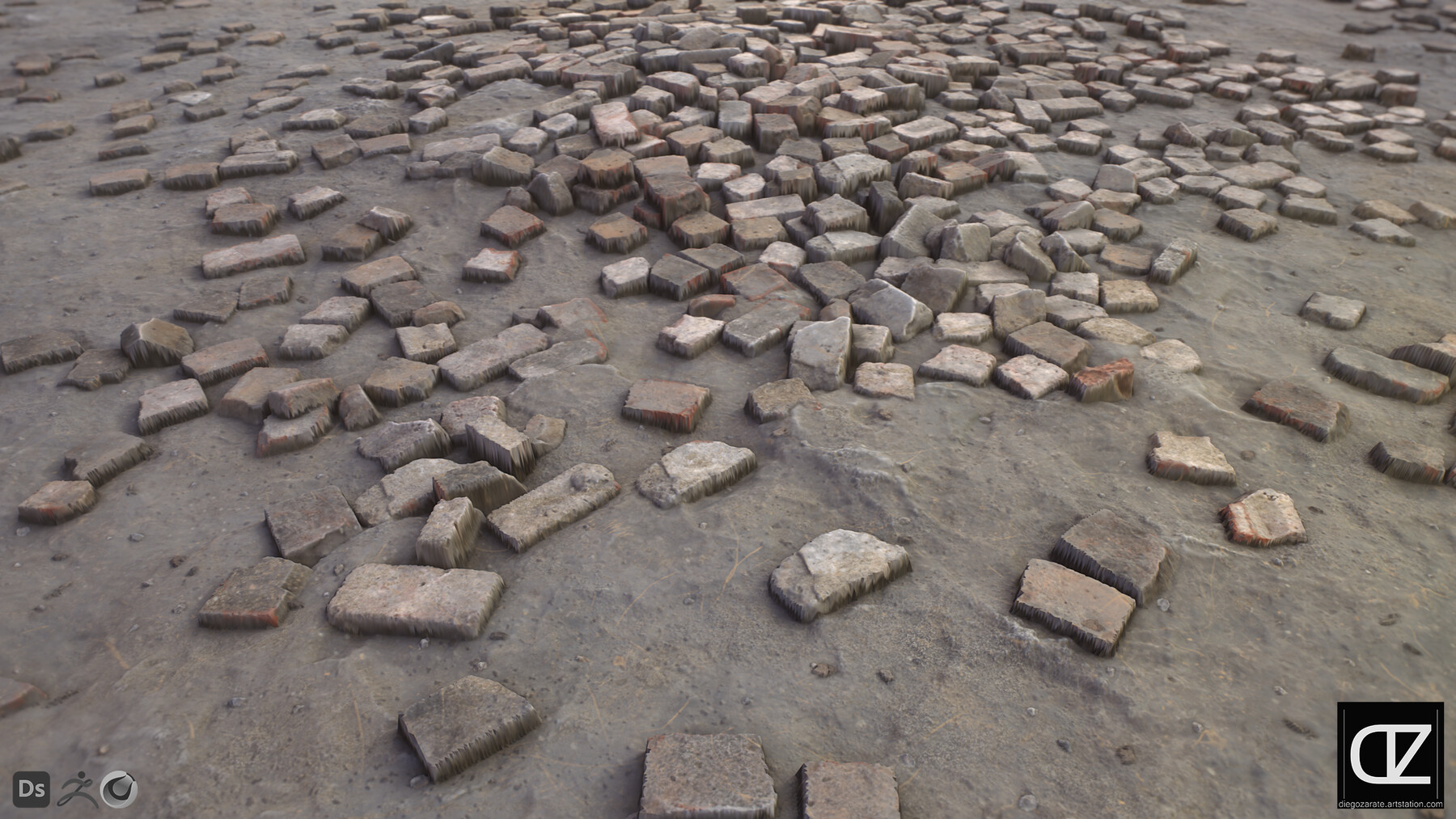 ArtStation - PBR - RUBBLE BRICK DEBRIS PILE ON DRY CONCRETE - 4K MATERIAL + SBS GRAPH | Game Assets