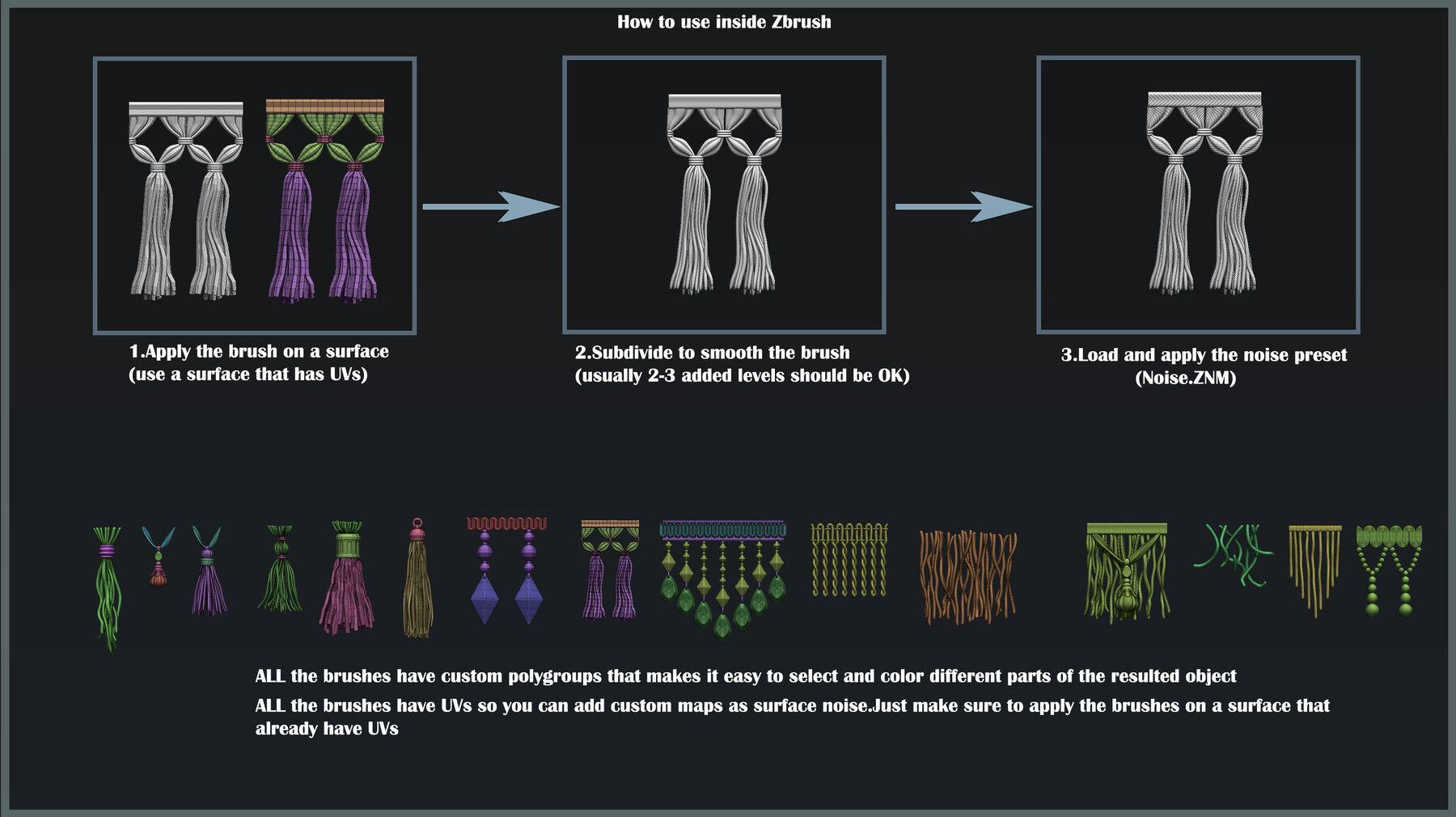 ArtStation - 15 Tassel Trim Curve Brushes + Detail Noise Preset and Variation | Brushes