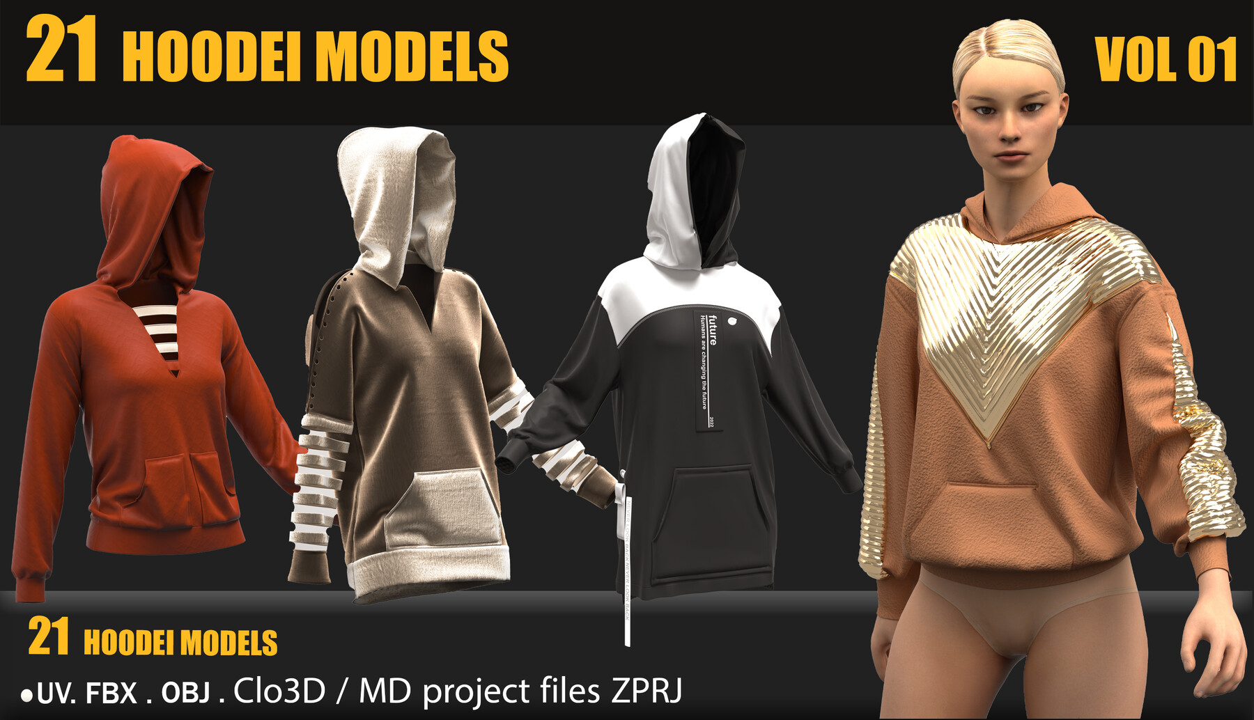 ArtStation - 21 HOODEI MODELs Clo3D / MD Project Zprj . UV . FBX . OBJ | Game Assets