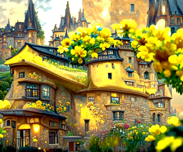 ArtStation - castle surrounded by yellow flowers | Artworks