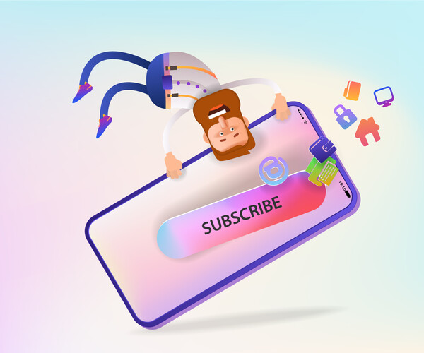 ArtStation - A man is holding a mobile phone with a subscribe button ...