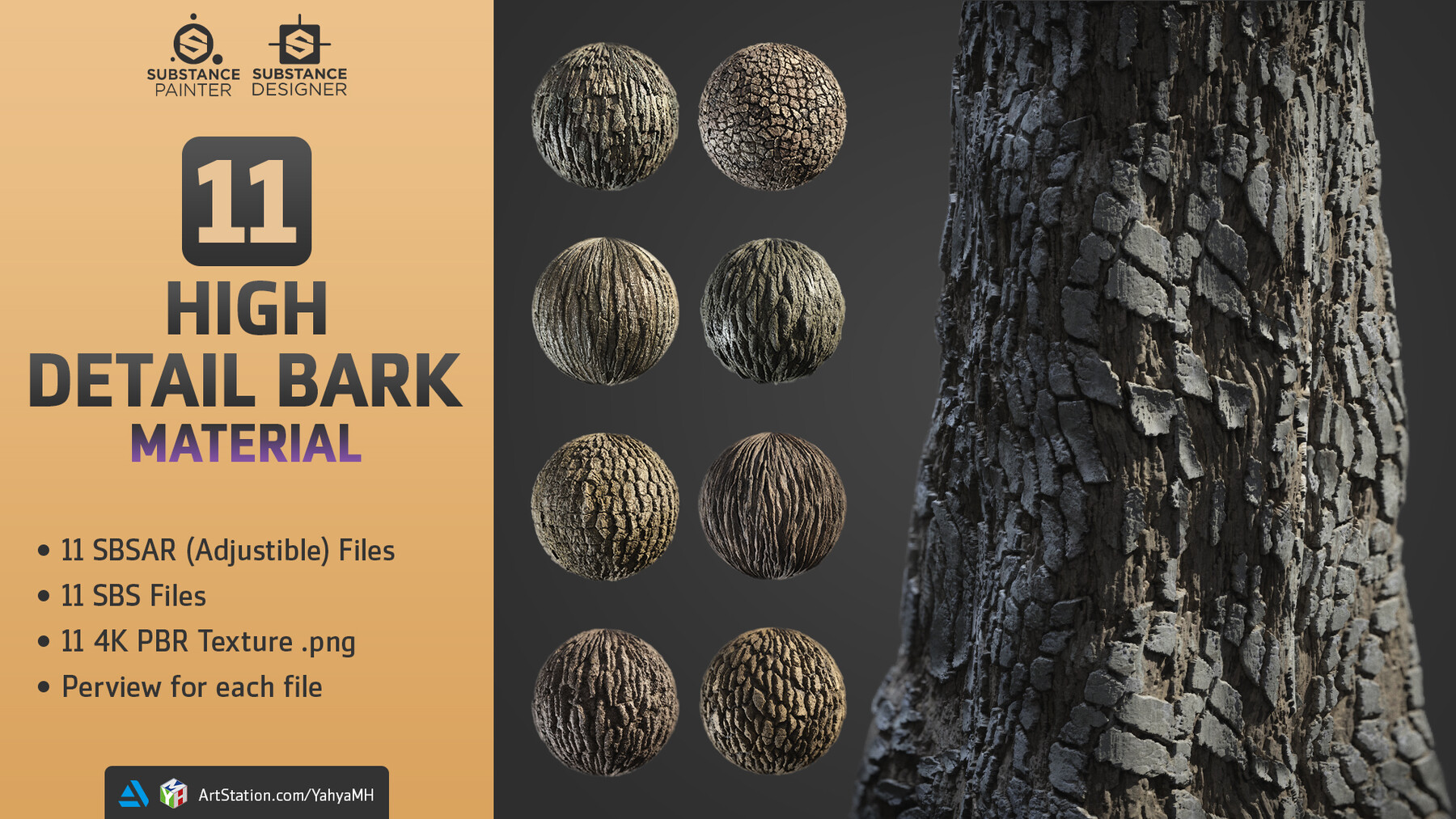 ArtStation - 11 High Detail Bark Material (SBSAR, 4K PBR Texture) + SBS ...