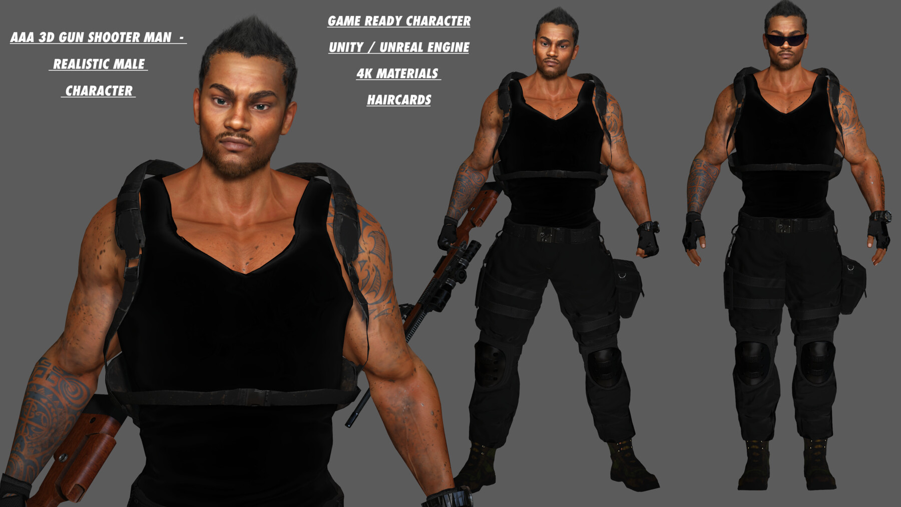 ArtStation - AAA 3D REALISTIC BLACK MALE CHARACTER - GUN SHOOTER MAN ...