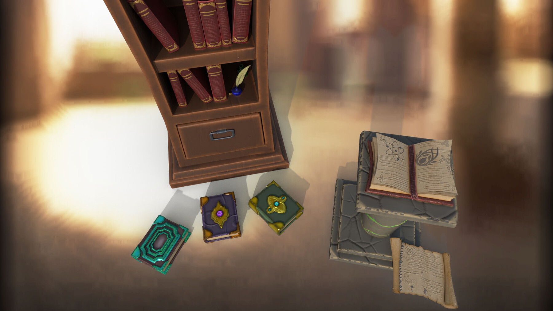 ArtStation - Stylized set stone stand bookcase books papyrus scrolls ...