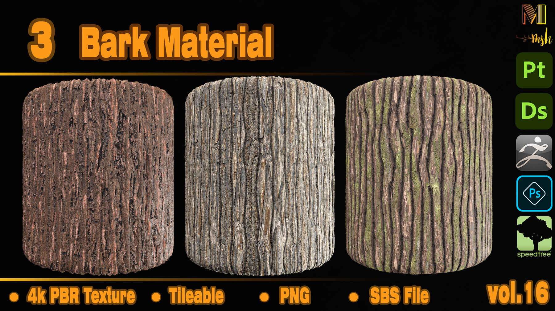 ArtStation - 3 Tree Bark Material -VOL 16 (sbs file + 4k PBR Textures ...