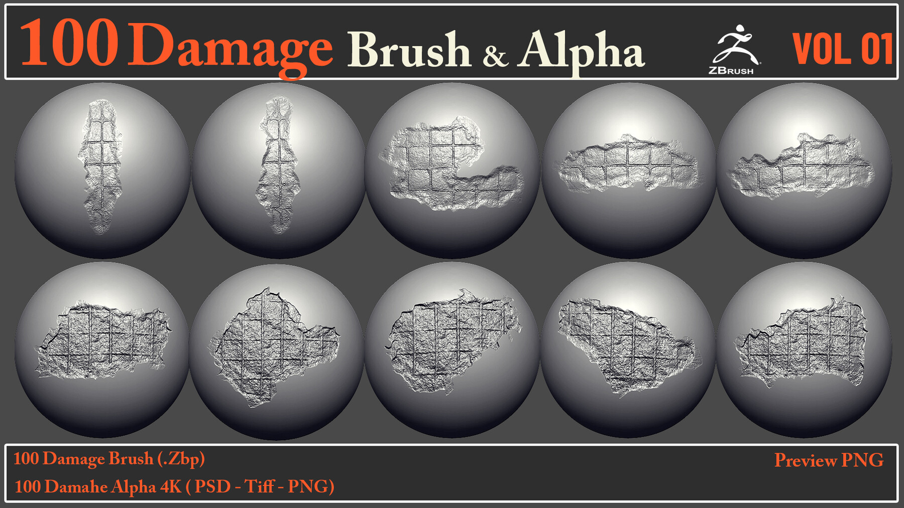 ArtStation - 100 Damage Brush & Alpha VOL 01 | Brushes