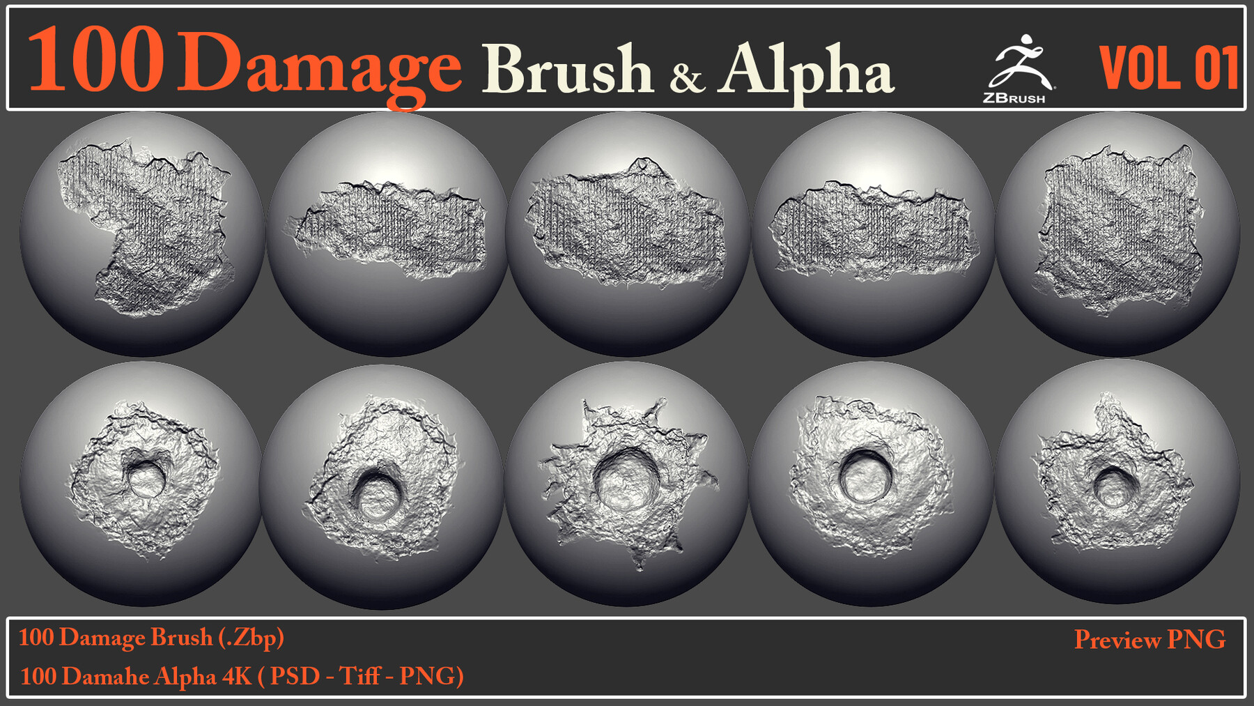 ArtStation - 100 Damage Brush & Alpha VOL 01 | Brushes