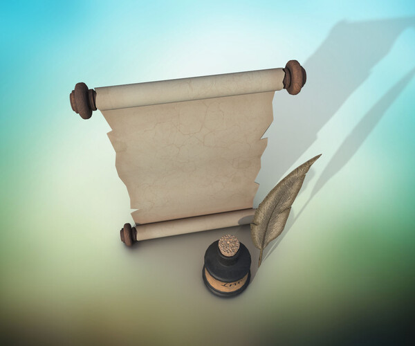 ArtStation - Set of scroll and inkwell with stopper and quill PBR low ...