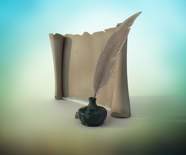 ArtStation - Set of papyrus and inkwell with stopper and quill PBR low ...