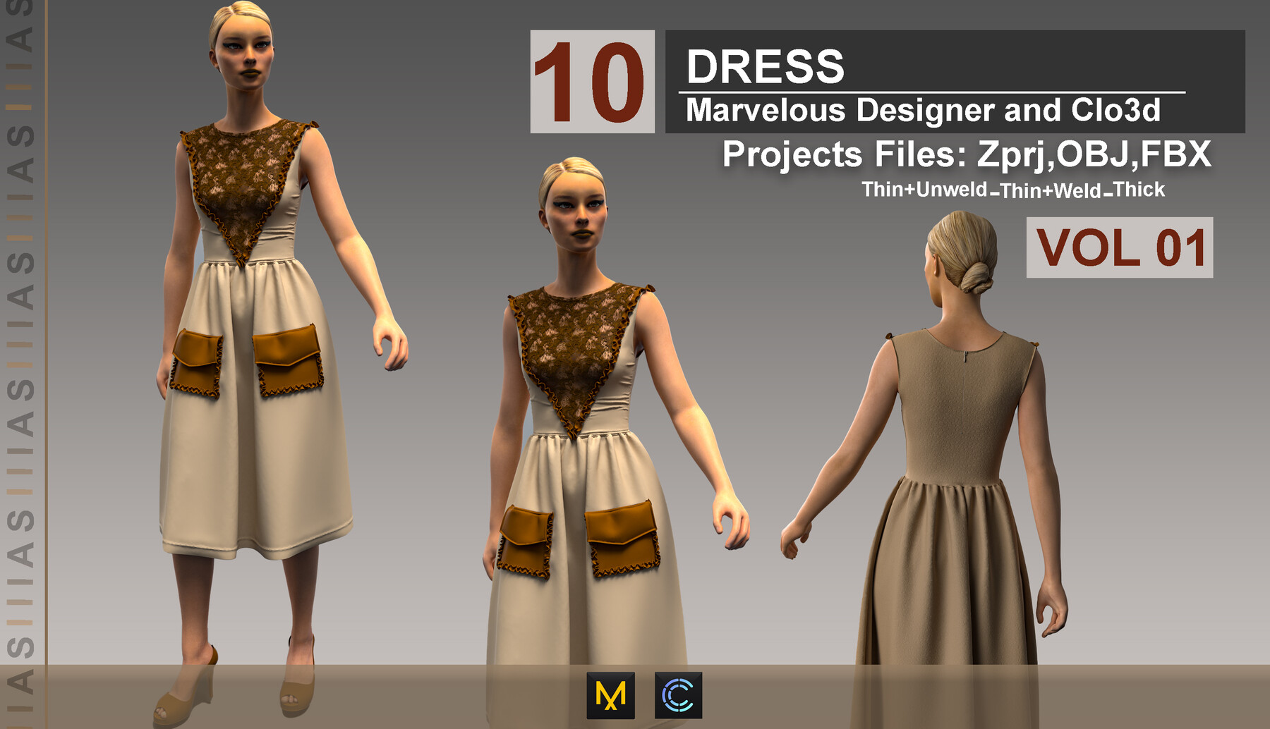 ArtStation - DRESS VOL 1 (CLO3D AND MARVELOUS DESIGNER) ZPRJ, OBJ, FBX, UV | Game Assets