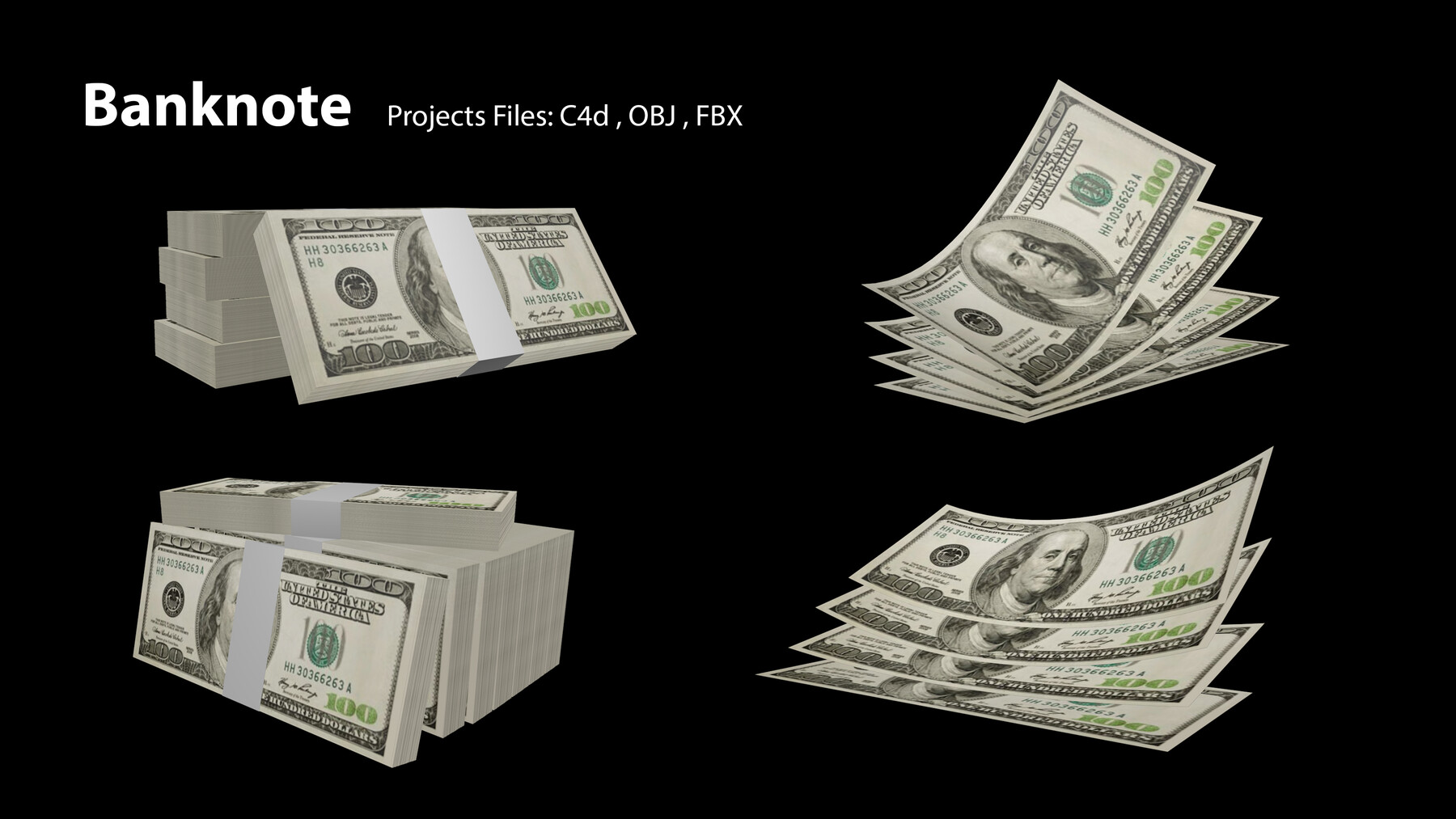 ArtStation - 3D Model of 4 Banknote pack. | Resources
