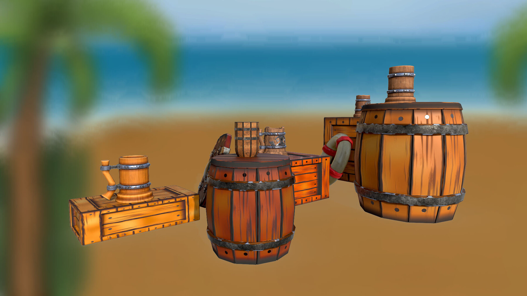ArtStation - Set of stylized boxes mug barrel shield lifebuoy PBR Low ...