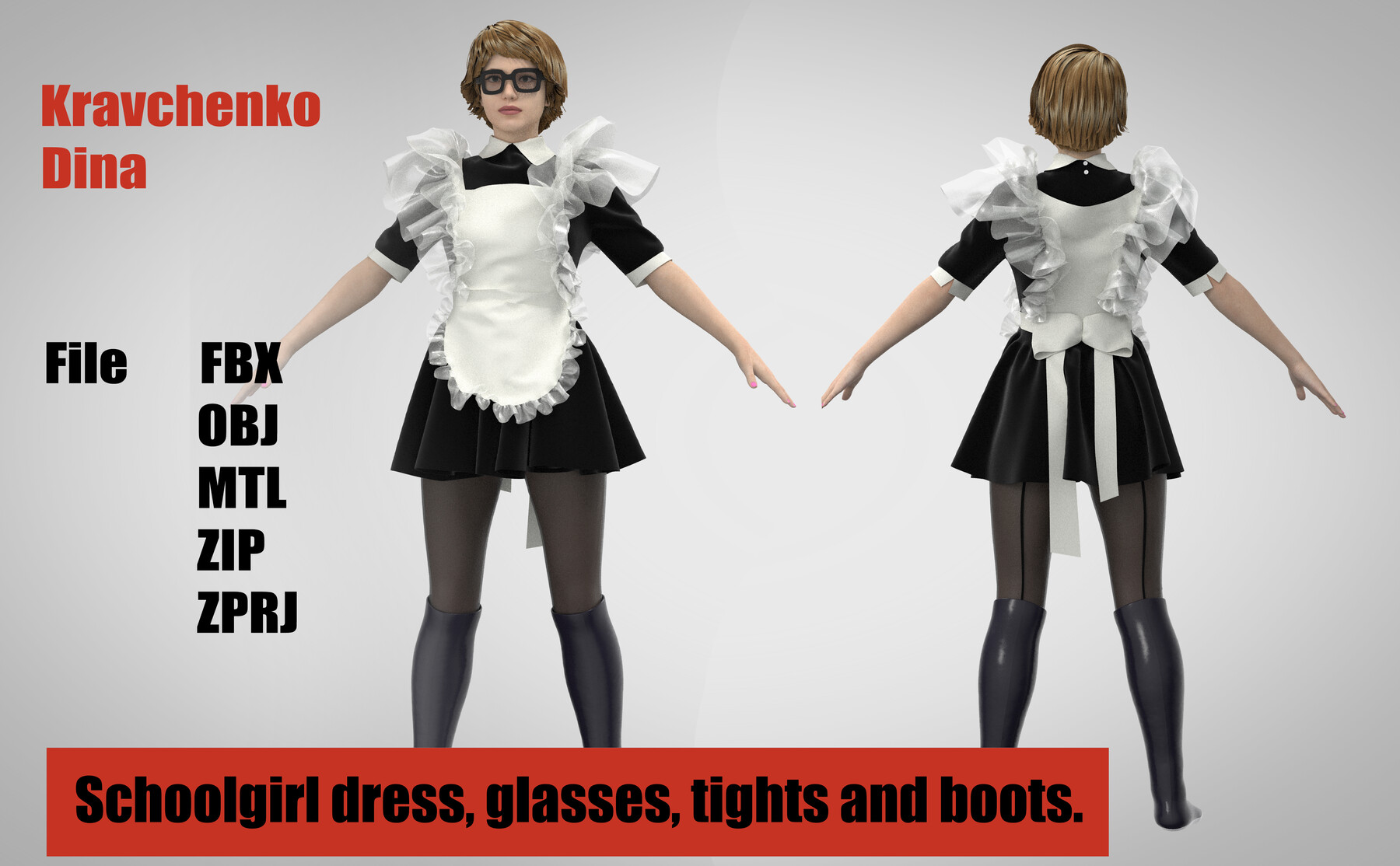 ArtStation - School dress, tights, boots and glasses. | Game Assets