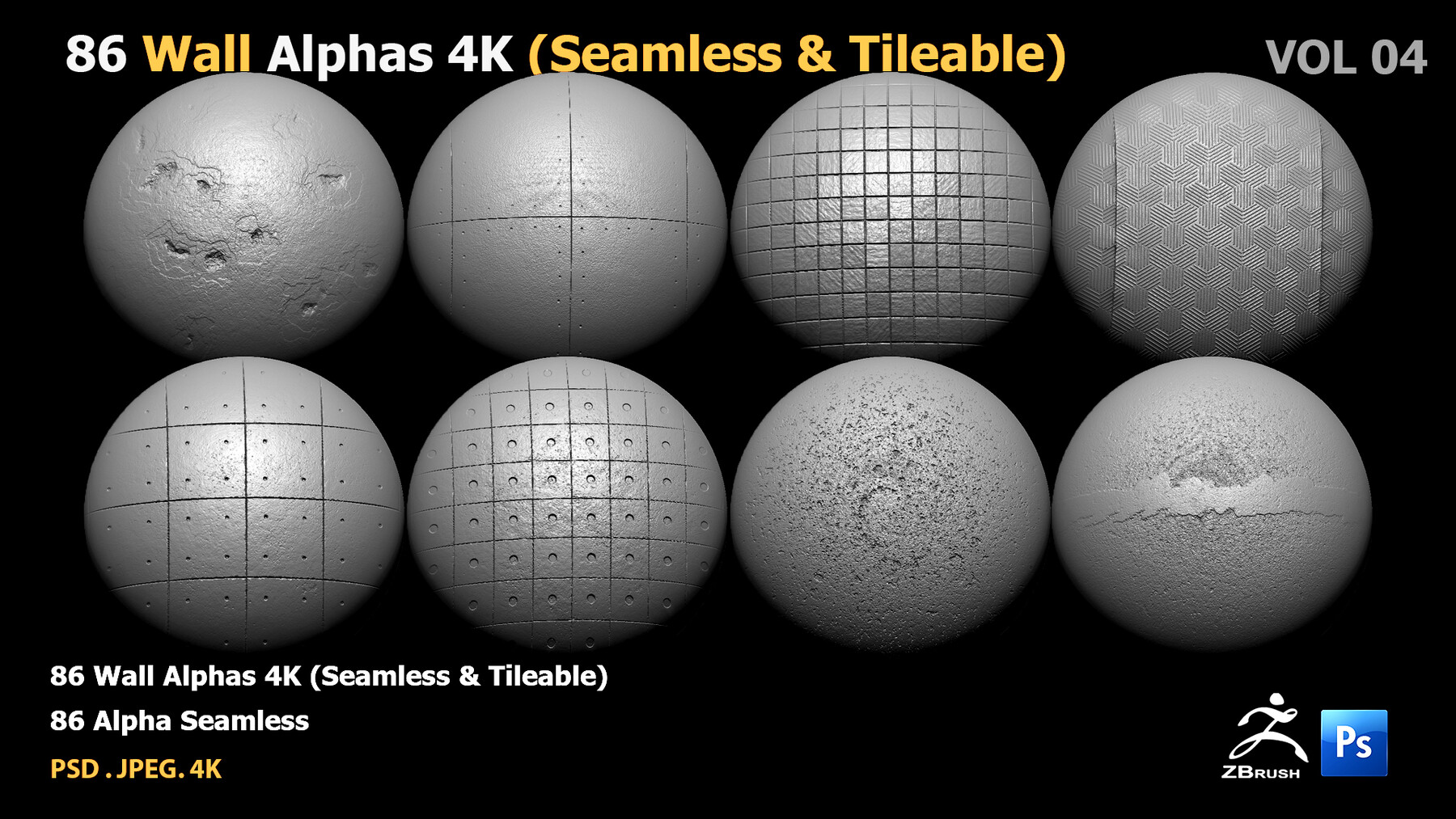 ArtStation - 86 Wall Alphas 4K (Seamless & Tileable) | Brushes