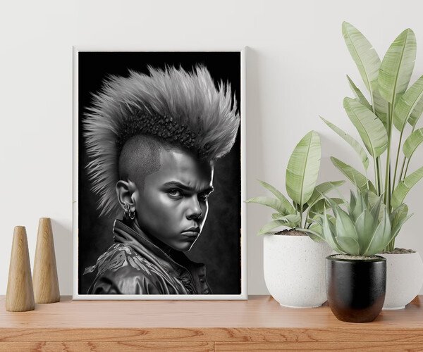 ArtStation - Cool mohawk boy portrait with leather jacket black/white realism | Digital Download ...