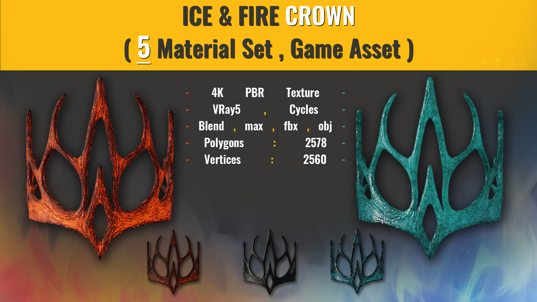ArtStation - Ice And Fire Crown - Free Game Asset - 5 Material set ...