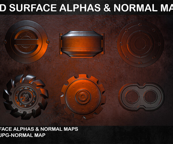 ArtStation - 80 HARD SURFACE ALPHAS & NORMAL MAPS-VOL 5 | Brushes
